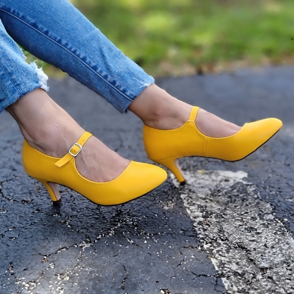 Shoes | Womens Low Heel Mary Jane Pumps Yellow Color | Poshmark